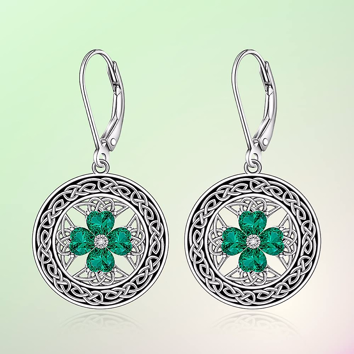 St Patricks Day Shamrock Earrings for Women Sterling Silver Green Celtic Knot Four Leaf Clover Irish Dangle Drop Earrings Crystal Vintage Black Circle Leverback Valentines Day Gift