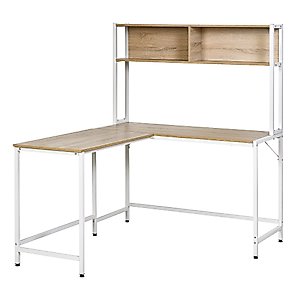 HOMCOM 55 Inch L Shaped Computer Desk with Hutch, Corner Desk for Home Office and Study, Writing Workstation with 2 Storage Compartments, Natural Wood Color