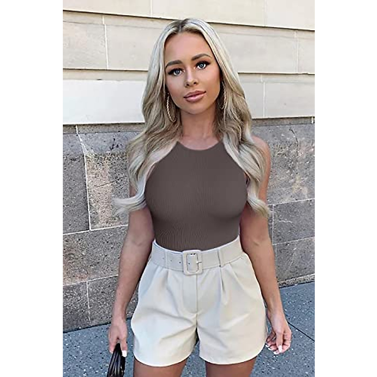 OQQ Women's 3 Piece Sexy Ribbed One Sleeveless Halter Neck BodySuit, Black Tea Leaf Beige, Medium