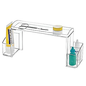 mDesign Small 2-Tier Plastic High-Rise Bathroom Cabinet Organizer - Vitamin Bottle, Medicine, Makeup Storage Shelf for Sink, Counter, and Vanity - Perfect for Hair Product Organization - 2 Pack, Clear