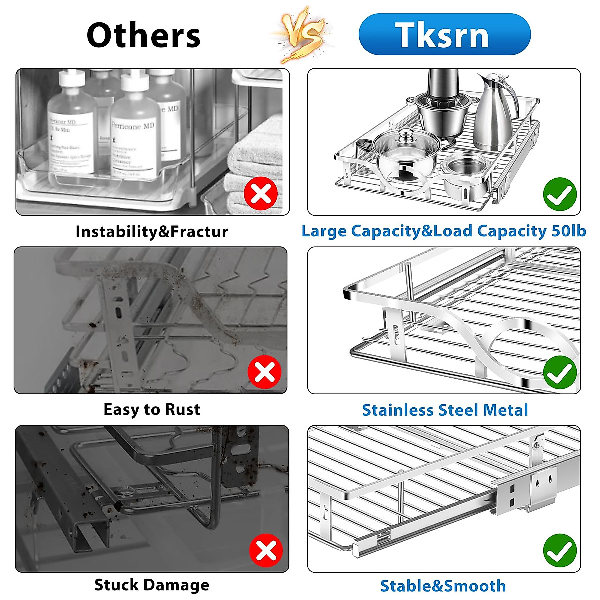 Tksrn Pull Out Cabinet Organizer(12" W x 21" D),Cabinet Drawers Slide Out Shelves for Kitchen,Under Sink Organizer Storage for Cabinet in Home, Pantry, Bathroom（NEED 13" W and 22" D Cabinet）