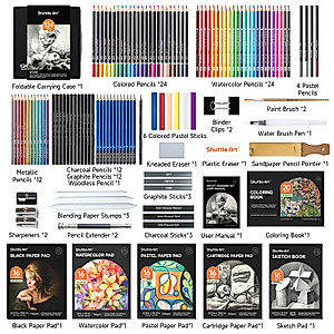 124 PCS Drawing Kit, Shuttle Art Professional Drawing Supplies with Sketch, Charcoal, Colored, Graphite, Pastel Pencils & Sticks, Complete Drawing Tools and Paper Pads in Zipper Case for Artists& Kids
