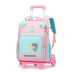 GLOOMALL Cute Rolling Backpack School Girls Boys, Lightweight Trolley Travel Bag with 6 Wheels Classic Roller Luggage (Pink unicorn)
