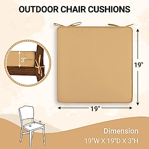 downluxe Outdoor Chair Cushions for Patio Furniture, Waterproof Square Corner Memory Foam Patio Chair Cushion with Adjustable Ties and Portable Handle, 19" x 19" x 3", Khaki, 4 Pack