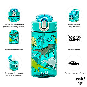 Zak Designs Kids Water Bottle For School or Travel, 16oz Durable Plastic Water Bottle With Straw, Handle, and Leak-Proof, Pop-Up Spout Cover (Dinosaur)