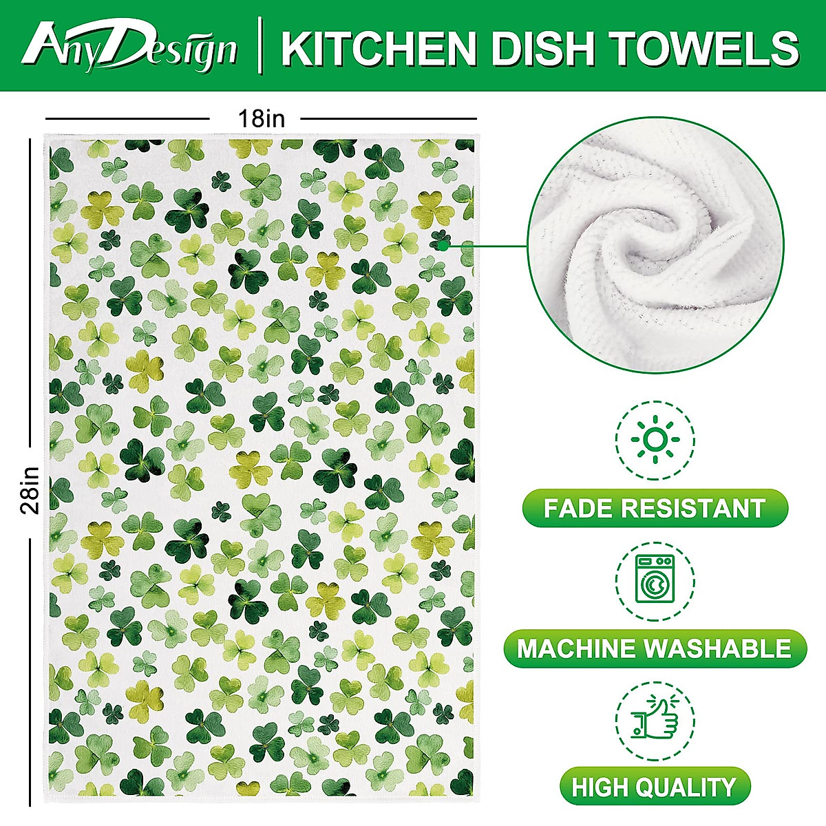 AnyDesign St. Patrick's Day Kitchen Towel 18 x 28 Inch Watercolor Lucky Shamrock Dish Towel Hand Drying Tea Towel for Cooking Baking Cleaning Wipes, Set of 2