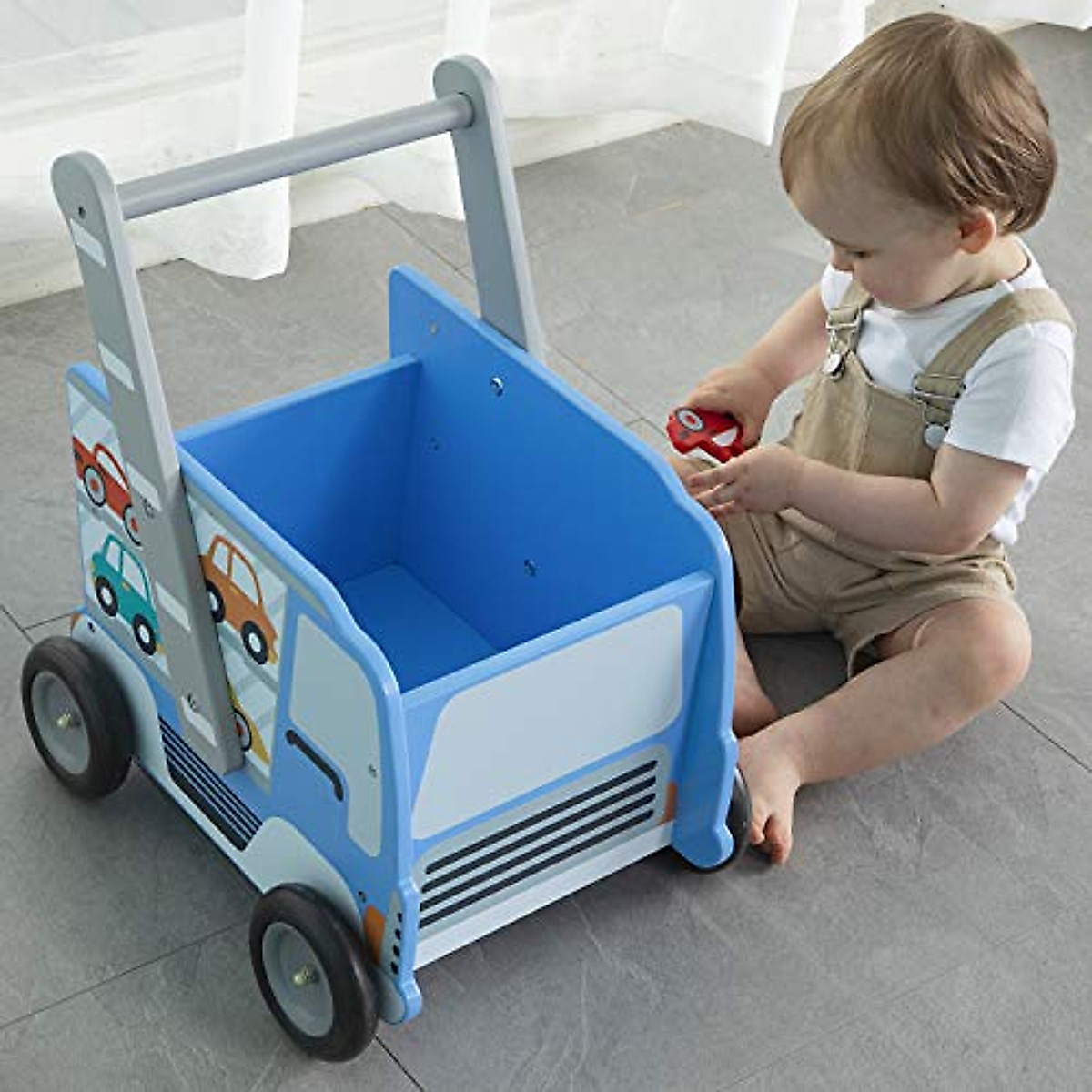 labebe Baby Wooden Learning Walker, 2-in-1 Toddler Push & Pull Toys Stroller Pushing Walker, Infant Sit to Stand Wood Walker Wagon, Transfer Cart Toy for Girls & Boys 1-3 Years Old Kids, Blue