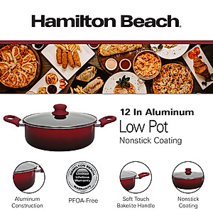 Hamilton Beach Low Dutch Oven Pot 12 Inch Red, Nonstick Cooking Pot with Soft Touch Bakelite Handle & Glass Lid | Superb Heat Conduction Deep Fryer Pot, Multipurpose Use