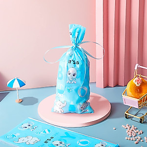 Outus 100 Pieces Elephant Cellophane Bags Cute Elephant Treat Bags with a Roll of Ribbon for Chocolate Candy Snacks Cookies Baby Shower Elephant Themed Party Supplies, It's a Boy