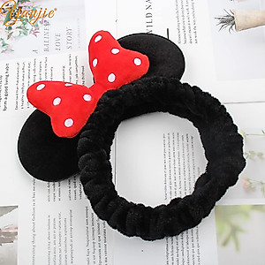 JIAHANG Mouse Ears Facial Spa Headbands, Coral Fleece Wash Face Hair Band, Velvet Bow Shower Hair Band for Girls Women Make up Hair Accessories(Velvet Red Bow)