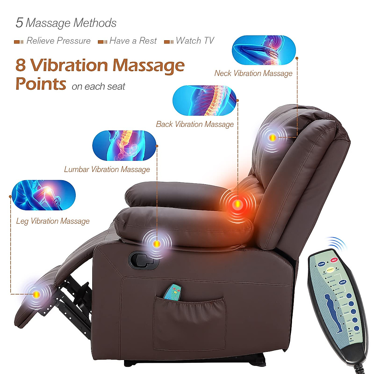 YODOLLA Recliner Loveseat with Heat and Massage Function, Wall-Hugger Reclining Sofa 2-Seater Modern Manual Control Faux Leather RV Couch, Theater Lounge Seat with Side Pockets, Brown