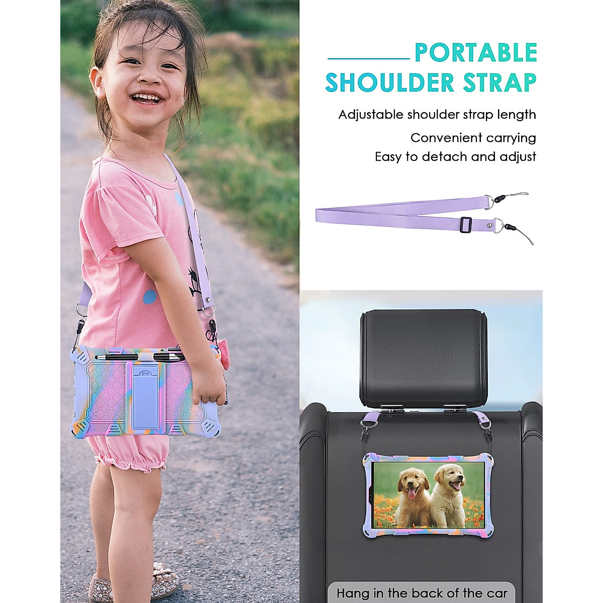 DETUOSI Case for Samsung Galaxy Tab A7 Lite 8.7 inch 2021 SM-T220/T225/T227u, with Stylus Pen & Shoulder Strap, Soft Silicone Lightweight Protective Cover , Rose Red & Purple