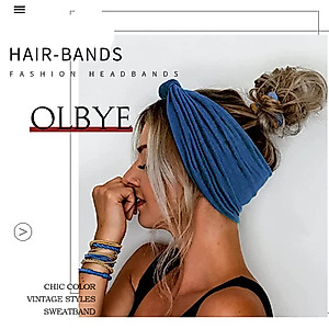 Olbye Wide Headbands Knotted Turban Elastic Non Slip Hairbands Yoga Workout Head Wraps Running Sweatbands Boho Fashion Hair Accessories for Women Pack of 6（Solid Color A）
