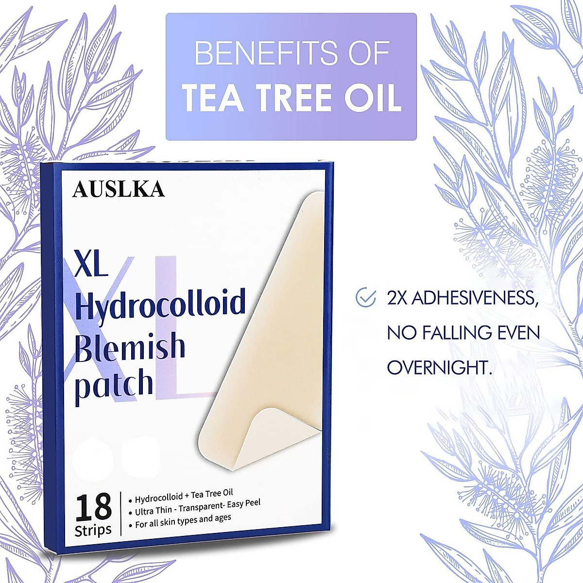 AUSLKA Large Blemish Patches XL -18 Strips - Hydrocolloid Patch for Covering Zits - Spot Stickers - Vegan and Cruelty for Face and Skin