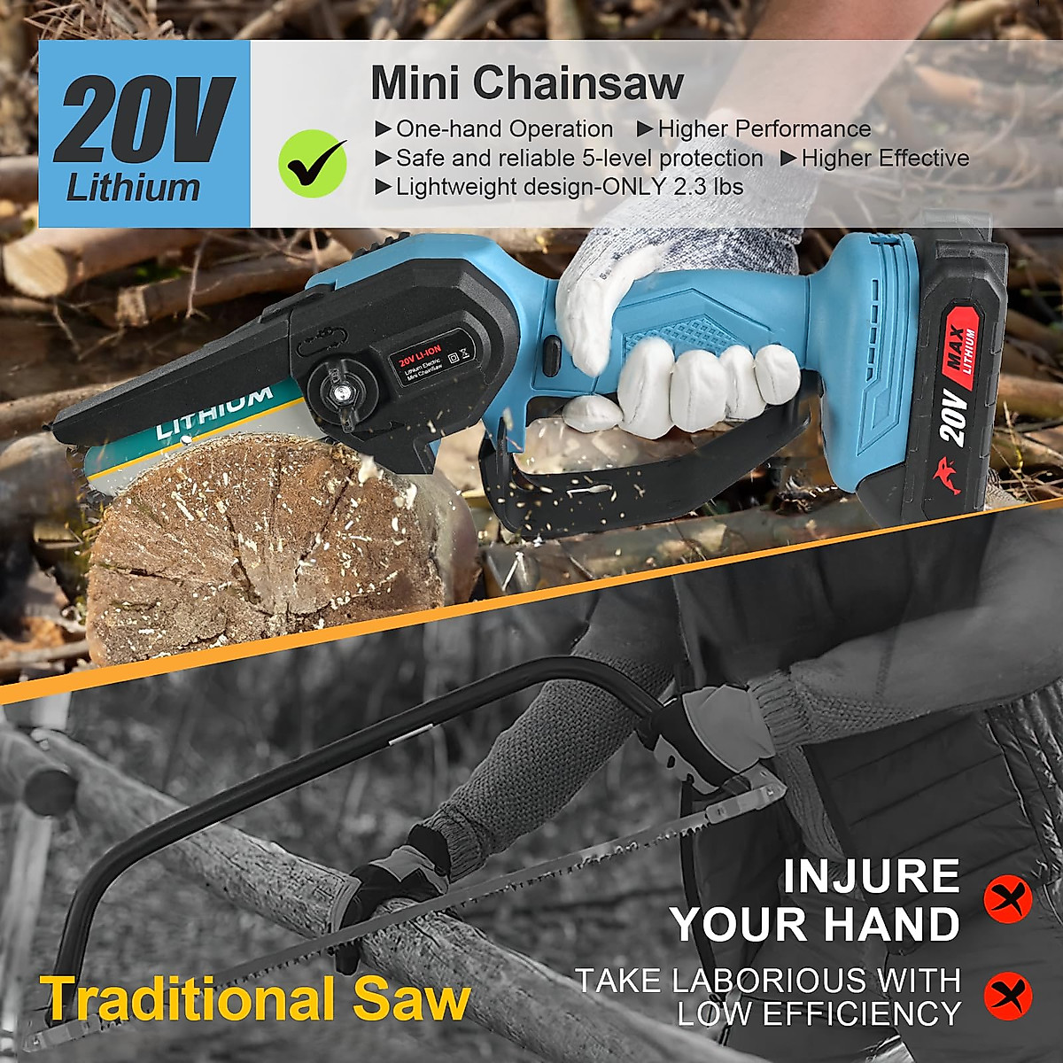 Mini Chainsaw Cordless 4 Inch Electric Small Chain Saw Battery Powered Portable Handheld Mini Chain Saw, Pruning Shears ChainSaw for Wood Cutting, Tree Trimming, Gardening, Camping, Courtyard&Gard