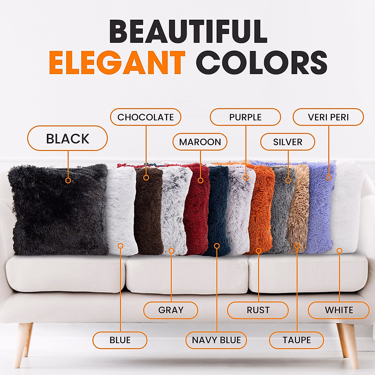 Cheer Collection Throw Pillows for Couch and Bed, Soft Shaggy Throw Pillows with Inserts Included, Cozy Long Hair Faux Fur Pillows - Set of 2-18" x 18" - Black