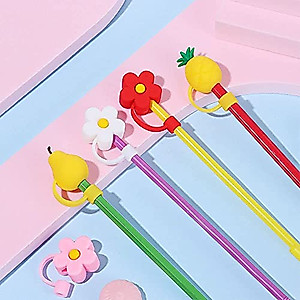 Beyonday Cute Silicone Straw Plug, Reusable Cartoon Pattern Plugs Cover, Drinking Dust Cap, Splash Proof Straw Tips, Cup Straw Accessories (White Flowers)