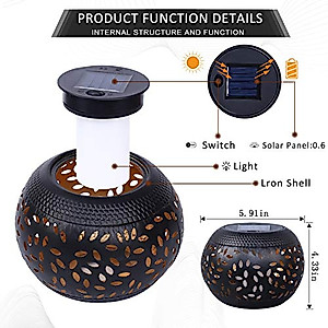 Solar Table Lantern Outdoor Waterproof- Dancing Flickering Flame Solar Powered LED Light，Black Metal Desktop Decorative Lamp Auto On/Off Lighting Dusk to Dawn for Desk Patio Garden Pathway Yard