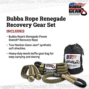 Bubba Rope Heavy-Duty Off-Road Vehicle Tow Recovery Gear Set Renegade Power Stretch Recovery Rope, 3/4” x 20’ & NexGen PRO Gator-Jaw Synthetic Shackles, 3/8” x 6.5” - Desert Tan