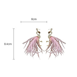 Pink Feather Flamingo Statement Dangle Drop Earrings 14K Gold Plated Cubic Zirconia Large Bird Boho Dangling Hook Earrings Hoops Stud Fashion Jewelry Gifts for Women Girls