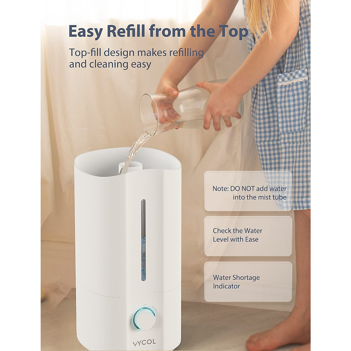 VYCOL Humidifiers for Bedrooms, 4L Ultrasonic Top Fill Cool Mist Humidifier for Large Room, Plants, Super Quiet, Lasts up to 65 Hours, Auto Shut-Off Air Vaporizer for Baby, Kids & Nursery White