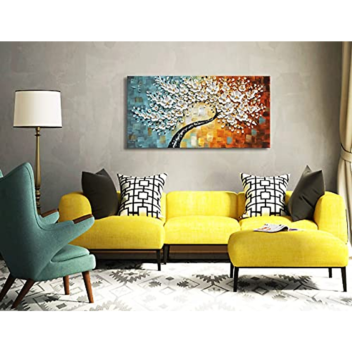 Diathou 20x40in 3D Abstract Paintings,Hand-Painted Painting of White Flowers and Trees, Canvas Wood Frame, Ready to Hang The Wall to Decorate The Living Room Bedroom