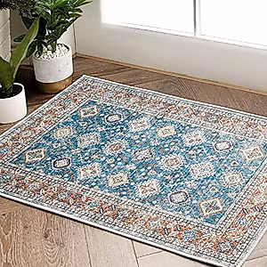 jinchan Area Rug 2x3 Entryway Persian Rug Vintage Floor Mats Indoor Kilim Rug Chenille Door Mat Blue Red Multi Print Overdyed Boho Retro Floorcover Farmhouse Kitchen Bathroom Living Room Bedroom