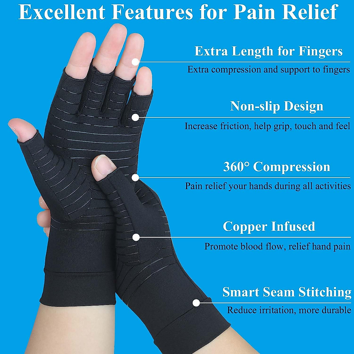 2 Pairs Copper Arthritis Gloves for Women, Compression Gloves for Men for Pain, Fingerless Hand Gloves for Carpal Tunnel, Crochet, Relieve Pain, Swelling, Support Wrist and Joint, Typing (Medium)