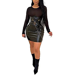 Uni Clau Women Sexy Faux Leather Dress Sheer Mesh Long Sleeve Patchwork Tunic Mini Dresses Tight Skirts Black