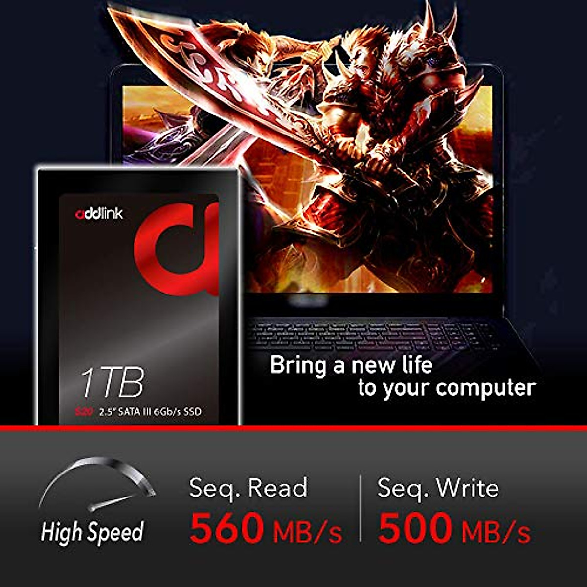 Addlink S20 1TB PS4 Compatible SATA III 2.5" Inch Extreme Quality Internal SSD 500MB/s Maximum Speed, Perfect HDD Replacement/Upgrade for Laptops, PCs & Sony PS4 (ad1TBS20S3S)