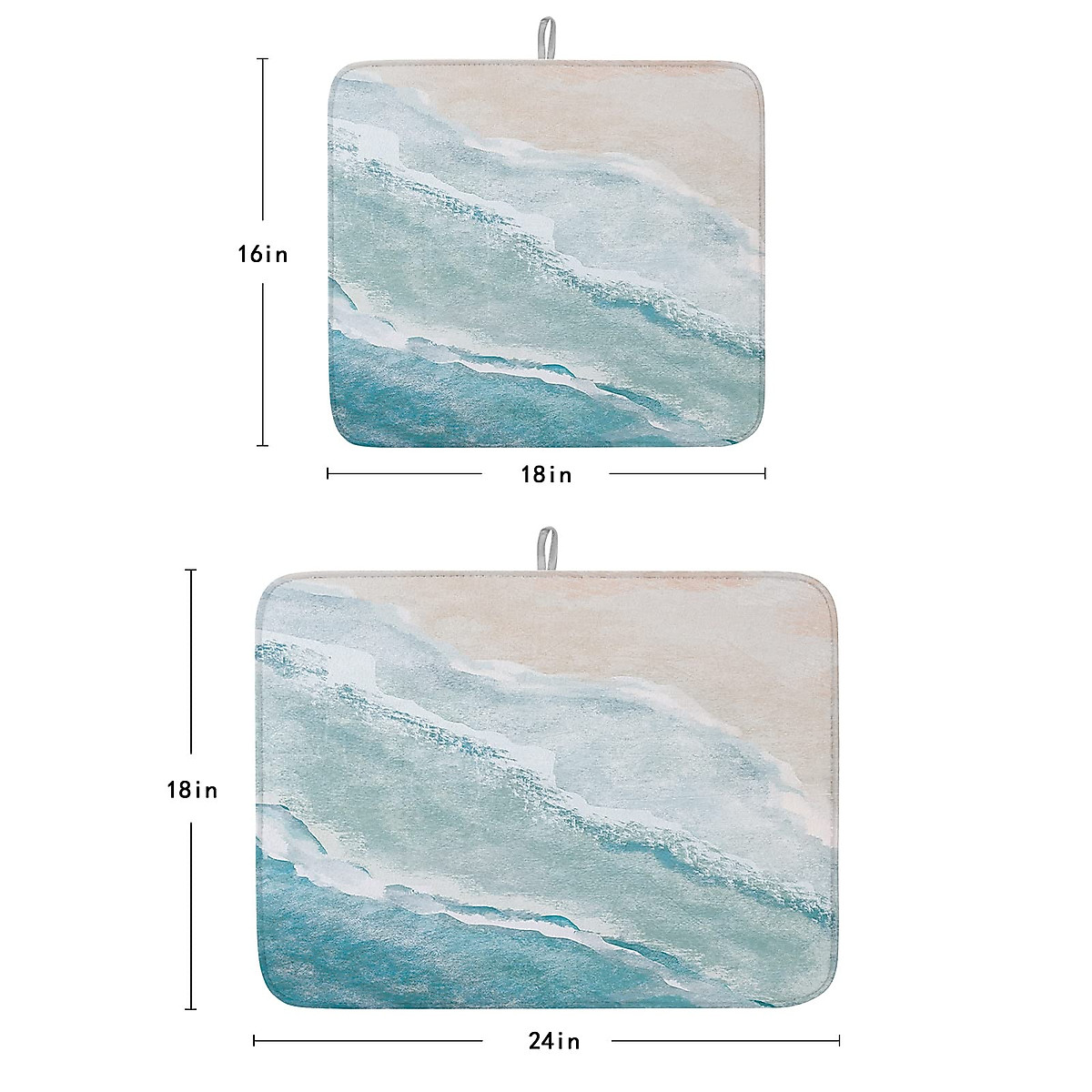 Summer Beach Dish Drying Mat for Kitchen Counter, Aqua Sea Waves Coastal Dish Mat Drying Kitchen Mat, Ocean Nautical Baby Bottle Microfiber Drying Pad, Absorbent Coffee Cup Dishes Drainer Mats 16"x18"