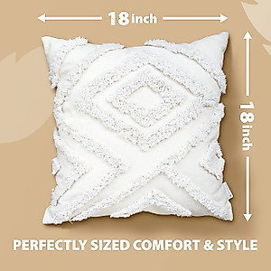 NAIMDECOR Cream Boho Pillow Covers 18x18 Throw Pillows for Couch - Boho Throw Pillows with Soft Velvet Pom Poms and Tufted Linen Pillow Designs