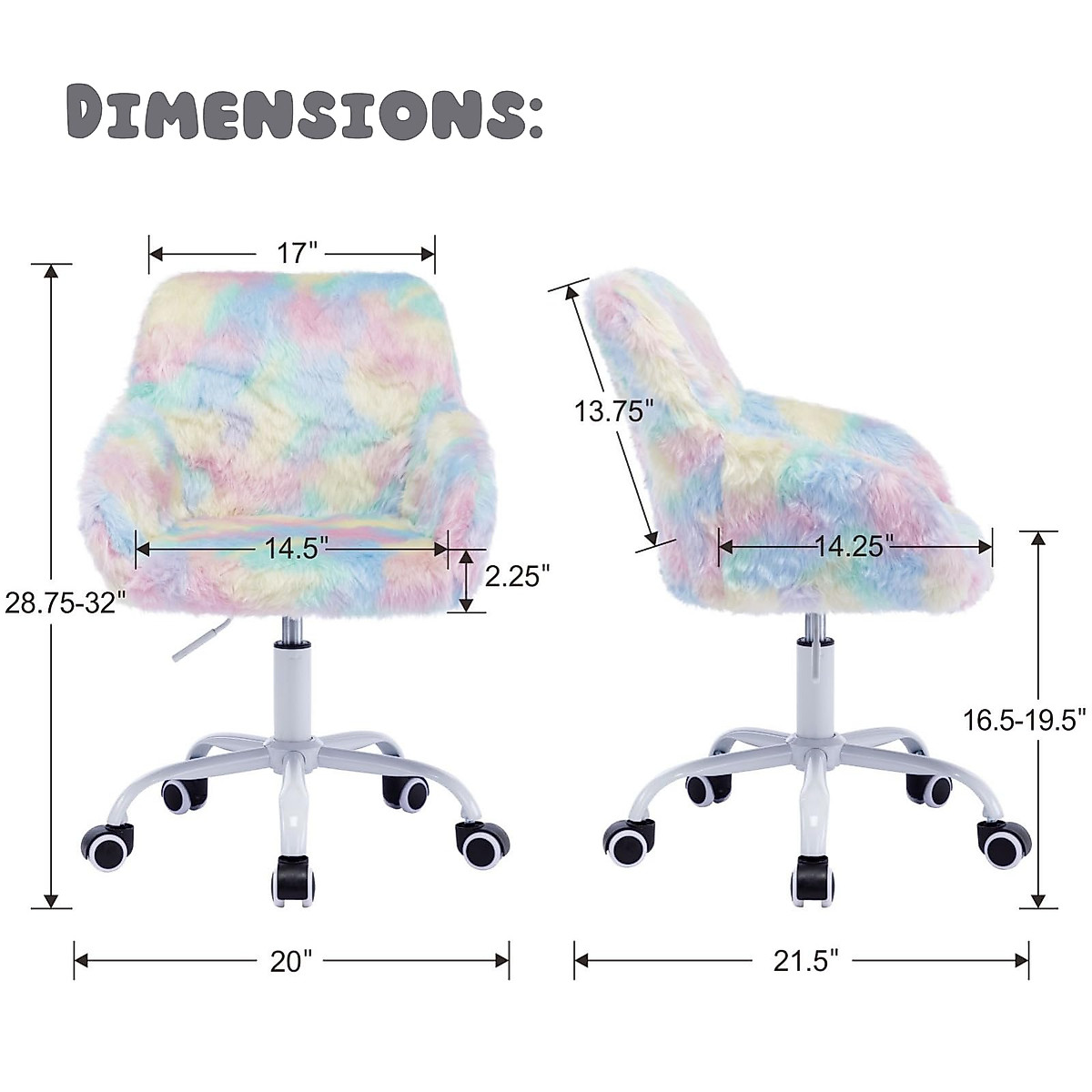 LukeAlon Kids Adjustable Desk Chair, Furry Study Chair with Swivel Base Cute Faux Fur Reading Chair Comfy Upholstered Computer Chair with Arms for Girls Children, Light Colorful