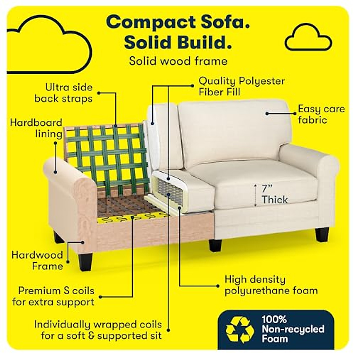 Serta Copenhagen 73" Rolled Arm Sofa, Easy Care Polyester, Soft Pillow Back, Pocket Coil Seat Cushions, Removable Covers, Loveseat or Couch for Small Spaces, Living Rooms or Bedrooms, Buttercream