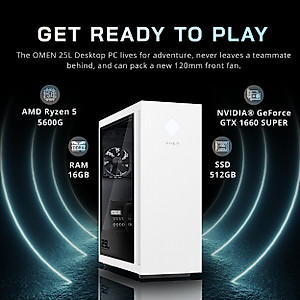 HP OMEN 25L Gaming Desktop, AMD Ryzen 5 5600G, 16GB DDR4 RAM, 512GB PCIe SSD + 1TB HDD, NVIDIA GeForce GTX 1660 Super 6G GDDR6, Win 11 Pro, White, 32GB Hotface USB Card