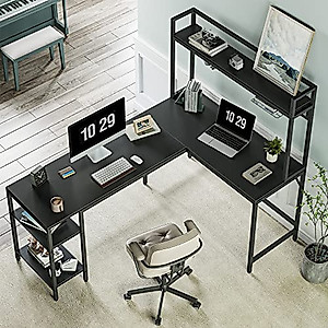 CubiCubi L Shaped Desk with Hutch, 58" Corner Computer Desk with Drawer,Home Office Gaming Table Workstation with Storage Bookshelf