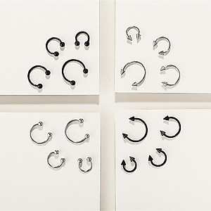Yolev 16PCS Stainless Steel Nose Ring Septum Piercing Jewellery Horseshoe Piercing Jewelry Captive Bead Ring Helix Tragus Cartilage Earrings for Women Men