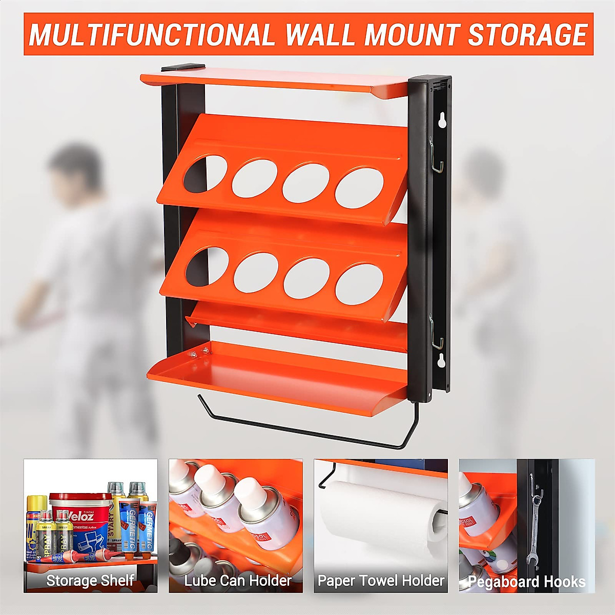 Wallmaster Spray Can Holder, Lube Can Wall Mount Storage Rack Heavy Duty Paint Bottle Organizer for Garage & Home | 8 Can Holes & 2 Shelf, Orange