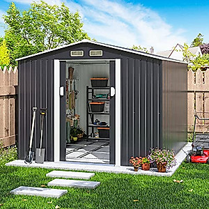 HOGYME 10.5' x 9.1' Storage Outdoor Shed, Large Sheds & Outdoor Storage Clearance Suitable for Tool Bike Lawn Mower Ladder, Metal Garden Shed w/ Lockable/Sliding Door, Gray