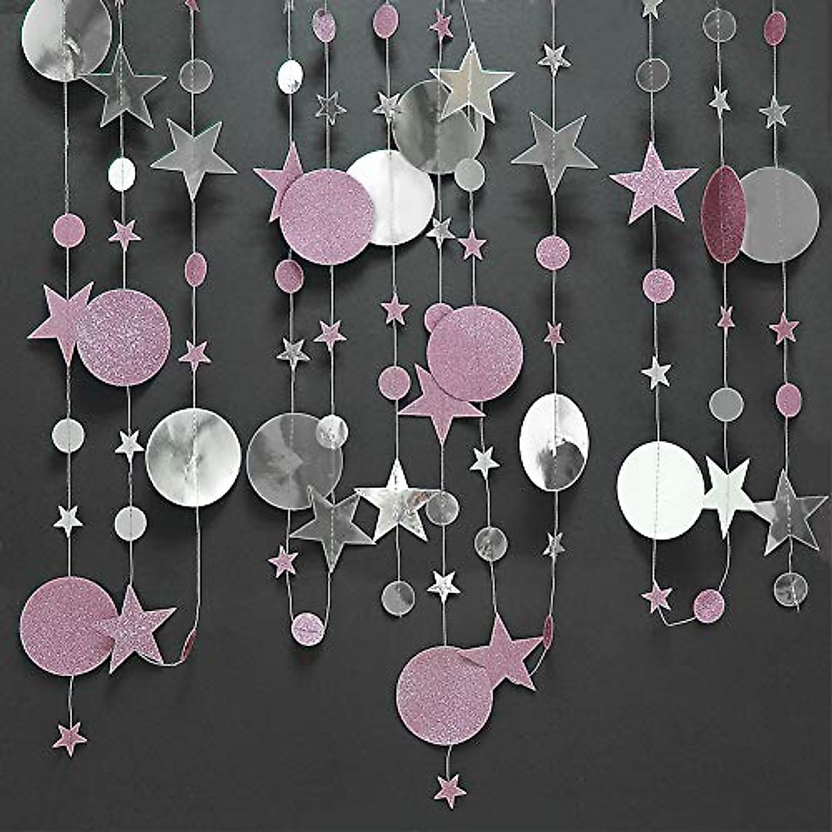 Glitter Pink Silver Circle Dot Garland Twinkle Little Star Decoration Polka Dots Streamer Backdrop Banner Girls Birthday Party Decor/Baby Shower/Wedding/Engagement/Anniversary/Sweet 16/Bridal Shower