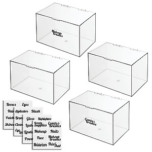 mDesign Plastic Stackable Bathroom Storage Organizer Box with Hinged Lid - for Cabinet, Vanity Organizer for Makeup, First Aid, Hair Accessories - 6.5" High - 4 Pack, Includes 32 Labels - Clear