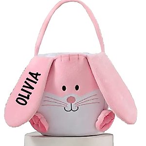 Personalized Plush Pink Bunny Basket - Girls Bunny Basket with Handle My First Easter Basket