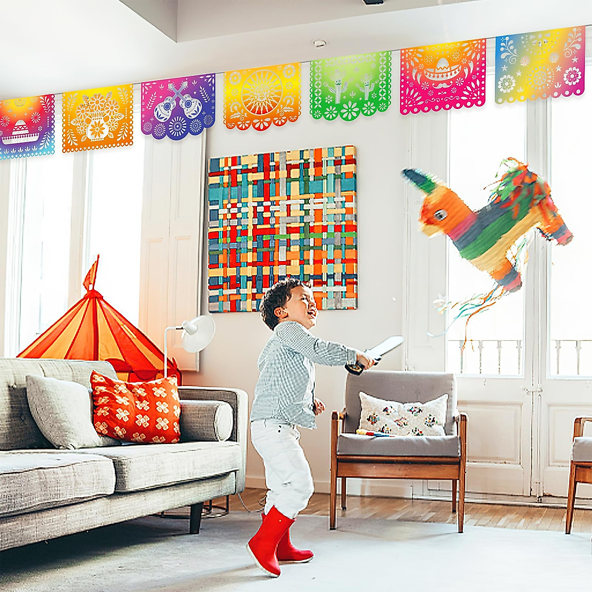 JOHOUSE 2 Pack Mexican Party Banners, Iridescent Fiesta Banner 18 Feet Papel Picado Mexican Fiesta Garland for Cinco De Mayo Fiesta Party Dia De Los Muertos Day of the Dead