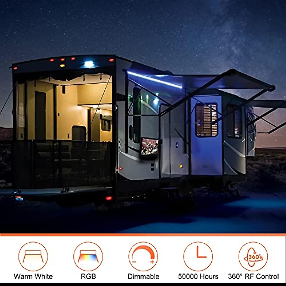 WELLUCK RV LED Camper Awning Lights, 12V, 12FT/3.6M, Dimmable, Remote Control, Warm White Mode and RGB Mode, LED Light Strip Exterior Lighting Fixture for RV Camping Canopy Motorhome Travel Trailer