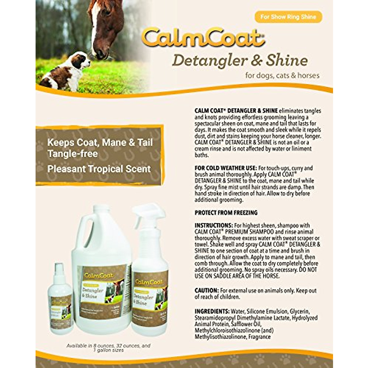 Calm Coat Detangler & Shine for Horses Cats & Dogs - Eliminates Tangles & Knots - Keeps Your Pet Cleaner for Longer - Works with Shampoo & Conditioner - Tropical Scent 32 oz