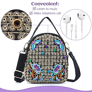Embroidery Canvas Shoulder Bag Women Vintage Boho Mini Crossbody Bag Handbag Cell Phone Pouch (Purple)