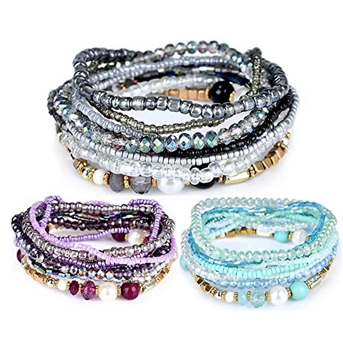 MengPa Stackable Beaded Bracelets for Women Bohemian layering Strand Statement Jewelry Grey Green Purple(3Pcs-) US3207ABC