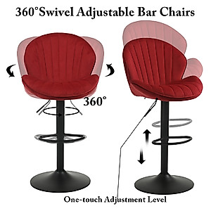 SZLIZCCC Shell Barstools Set of 2, Black Chassis Adjustable Swivel Bar Stool, Velvet Mid Back Bar Chair,Kitchen Counter Stool (Red)