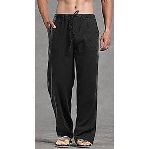 perdontoo Mens Casual Cotton Linen Pants Elastic Waist Drawstring Straight Summer Beach Pants (Small, Black)