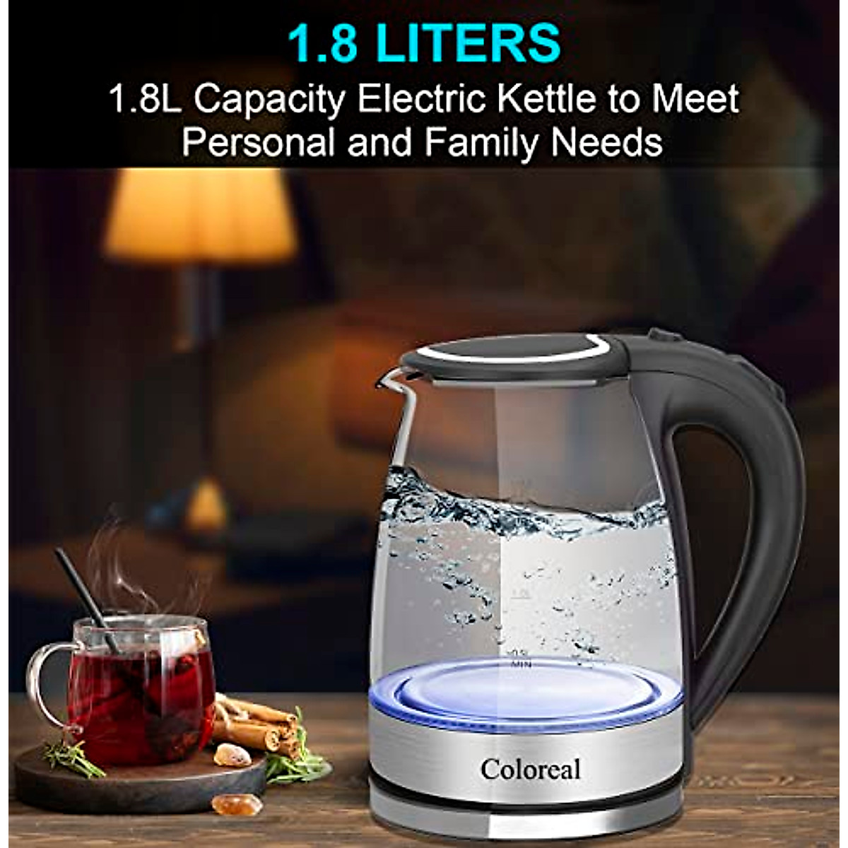 Water Electric Kettle, 1.8L Glass Electric Tea Kettle 1200w Cordless Electric Kettle with LED Light Portable Water Heater Boiler Pot Tea kettle Fast Boiling BPA-Free Auto Shut-off Boil-Dry Protection
